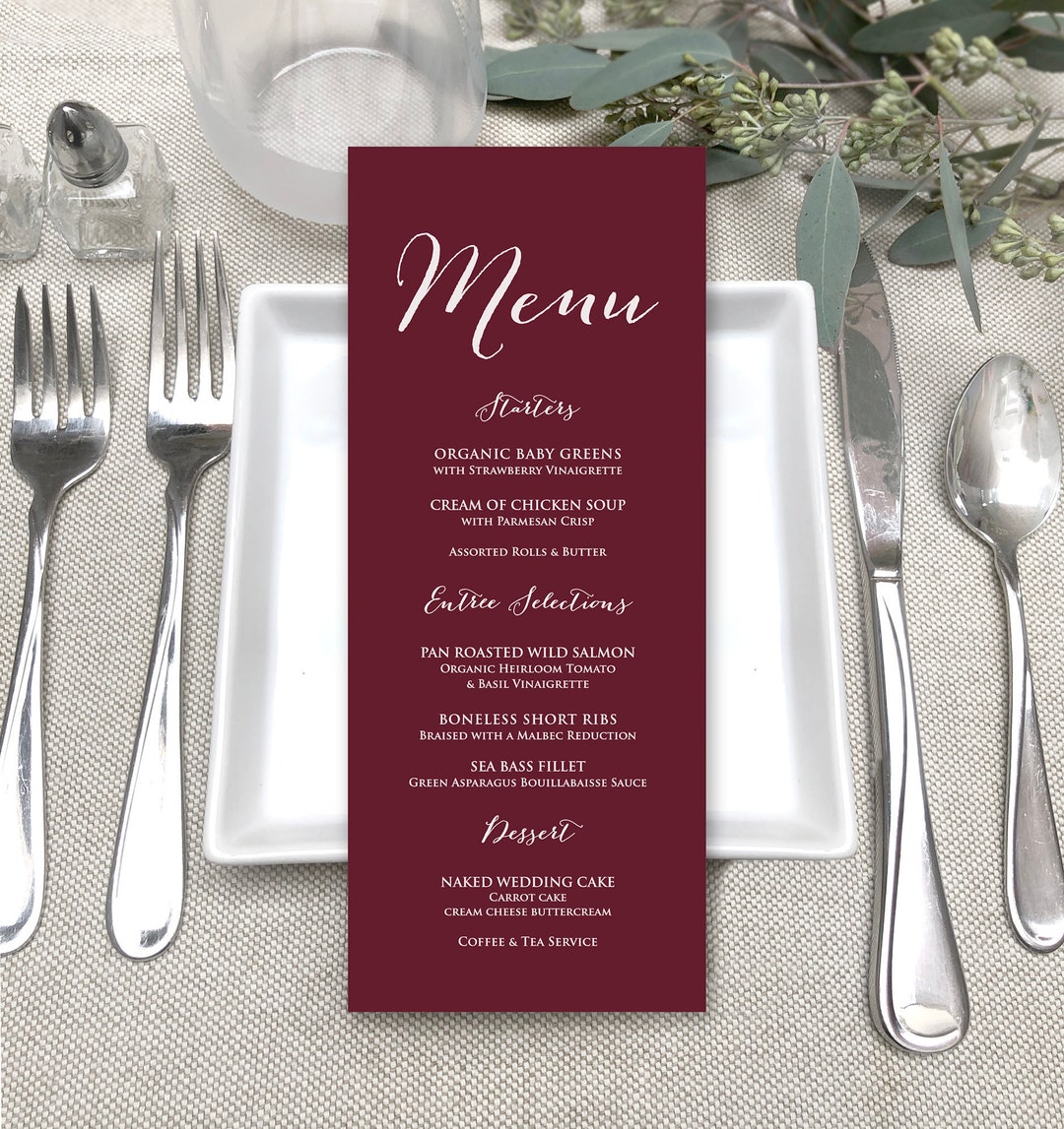 Maroon Burgundy Printed Menu Cards - Holiday Dinner Menu Cards -modern ...