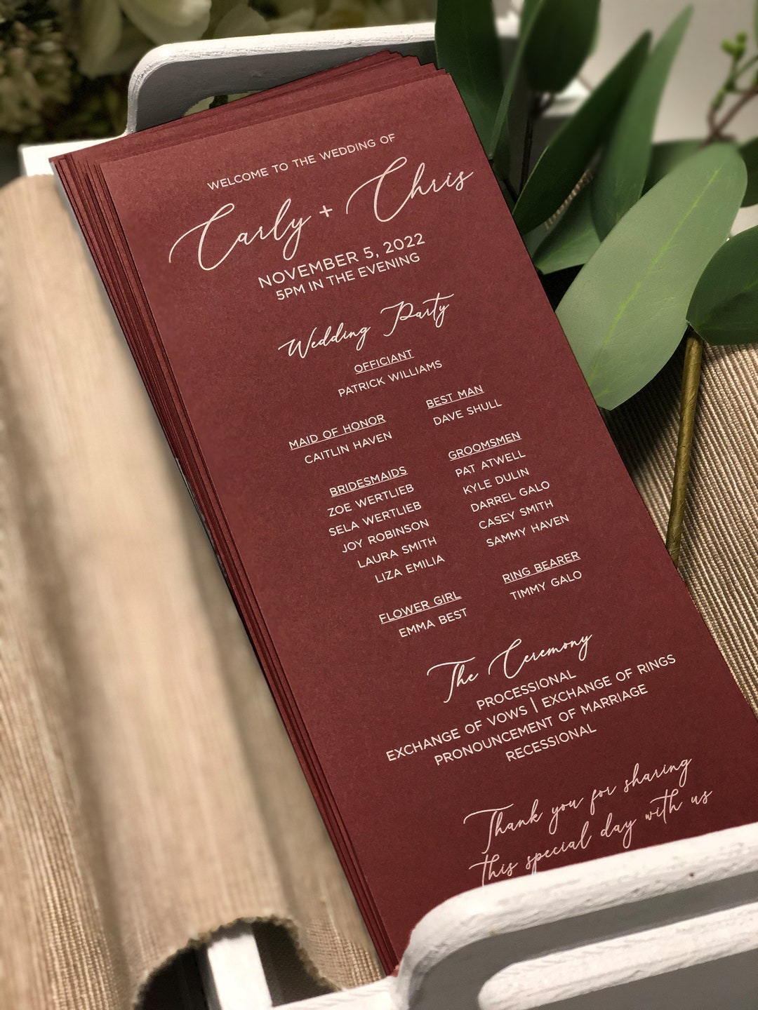 Maroon Wedding Programs With White Ink, Printed Wedding Ceremony ...