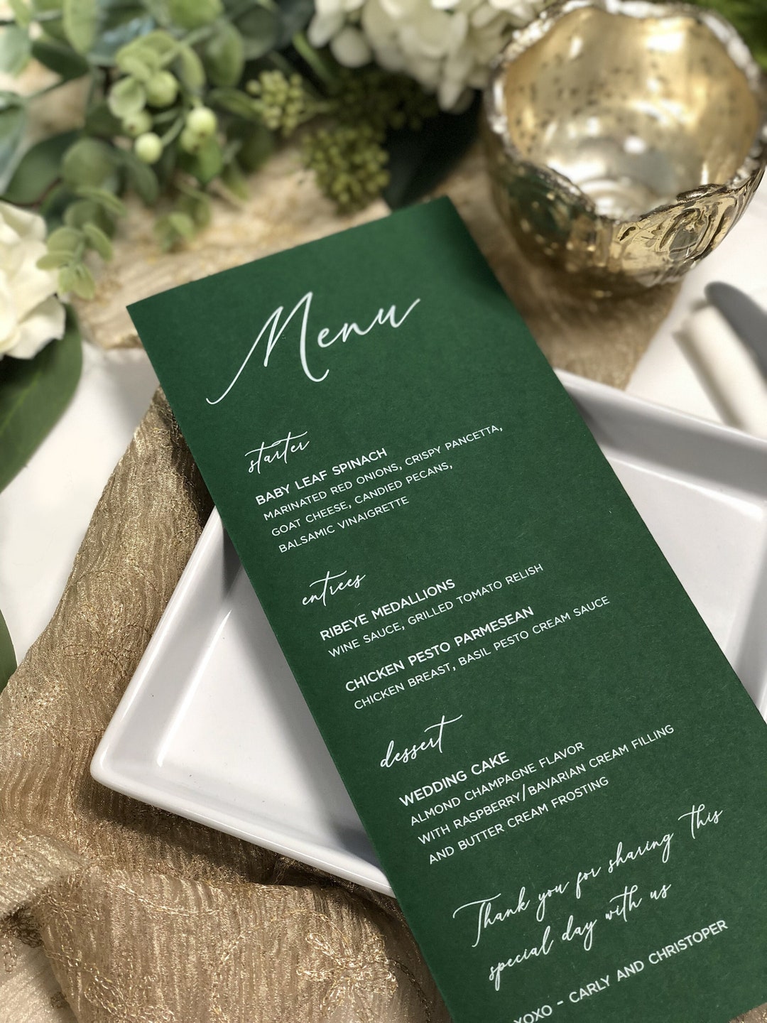 Wedding Dinner Menu Cards - Hunter Green Printed White Ink Wedding ...