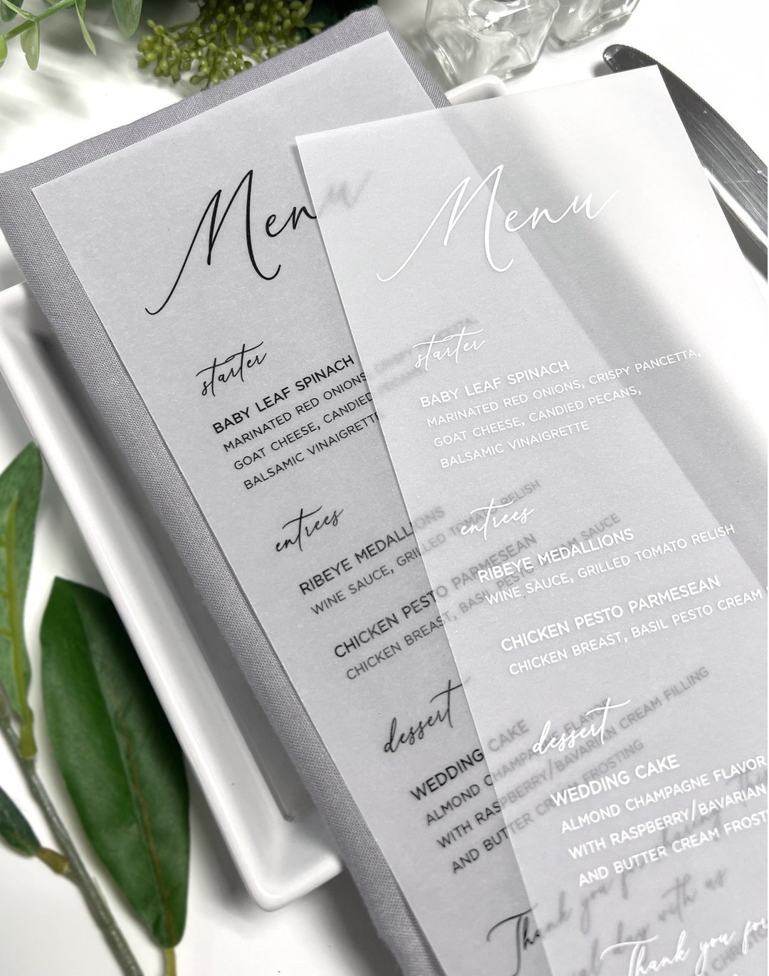 Vellum Wedding Dinner Menu Cards - Printed White or Black Ink Vellum ...