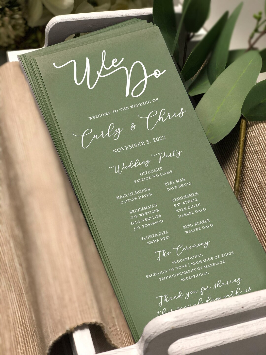 Printed Green Wedding Programs White Ink, Wedding Ceremony Program ...
