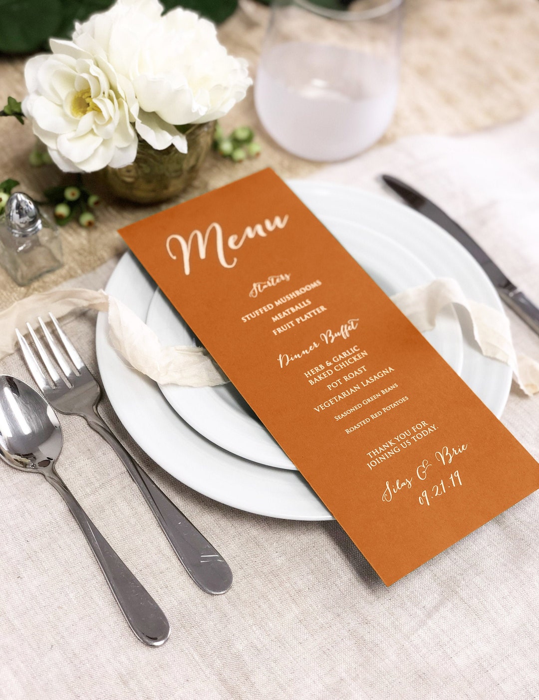 Orange Wedding Menu Cards - White Ink Printing Dinner Menu Cards ...