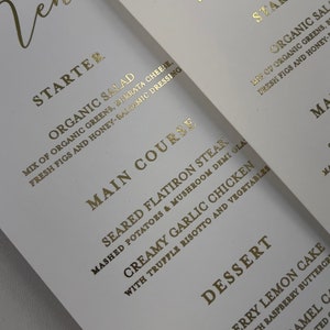 NEW! Printed Gold Foil Dinner Menu Cards, Printed Shiny Wedding Gold ...