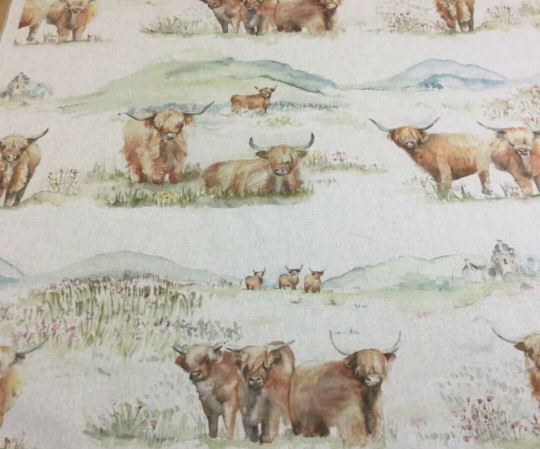 Voyage Highland Cattle Linen Fabric. for Upholstery, Curtains, Cushions ...