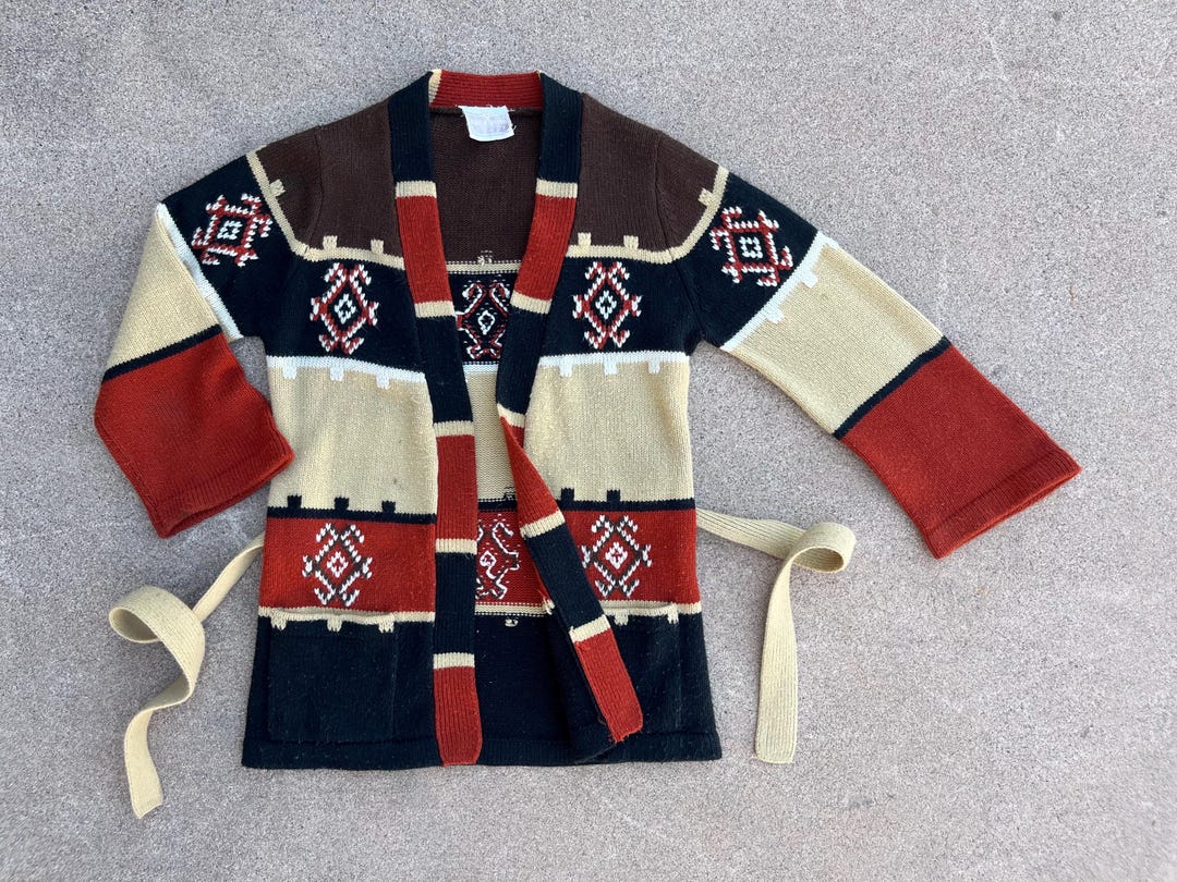 RARE Vintage 70s Southwestern Knit Cardigan Belted Sweater S - Etsy