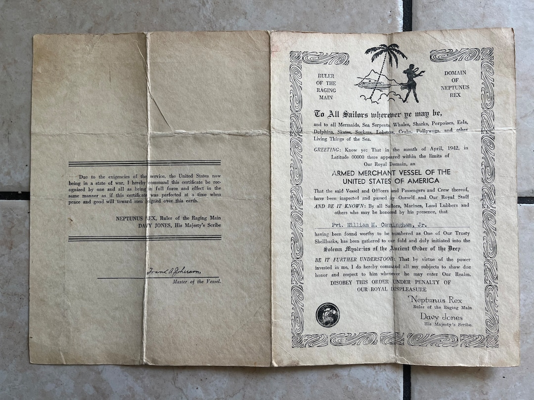 Rare Vintage WWII 1942 Unofficial Shellback Certificate Named Pvt ...