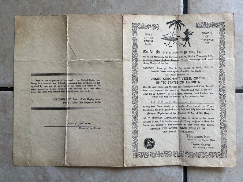 Rare Vintage WWII 1942 Unofficial Shellback Certificate Named - Etsy