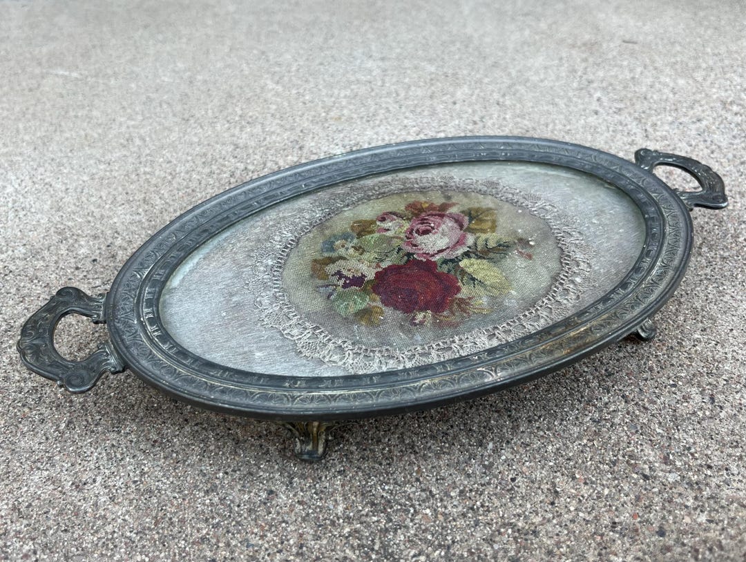 Rare Antique 1920s Silvercraft Petit Point Lace Encased in Glass Vanity ...
