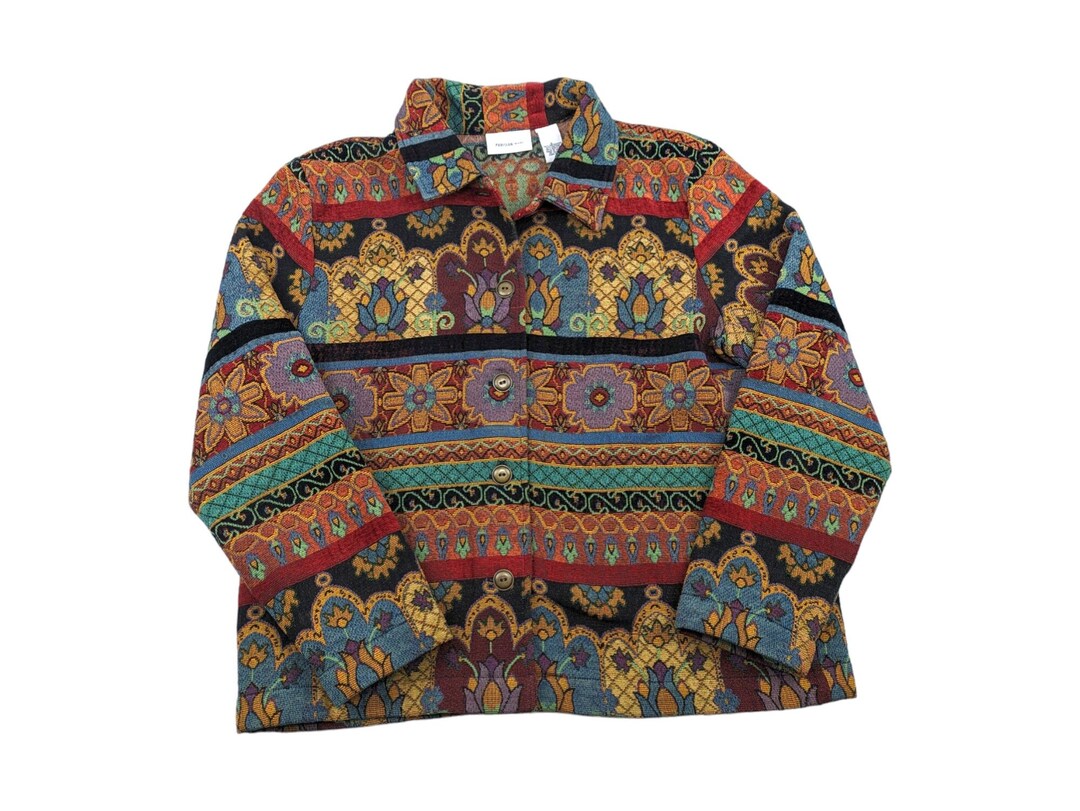 90s Vintage TAPESTRY Jacket Colorful Stained Glass Flower Tapestry Coat ...