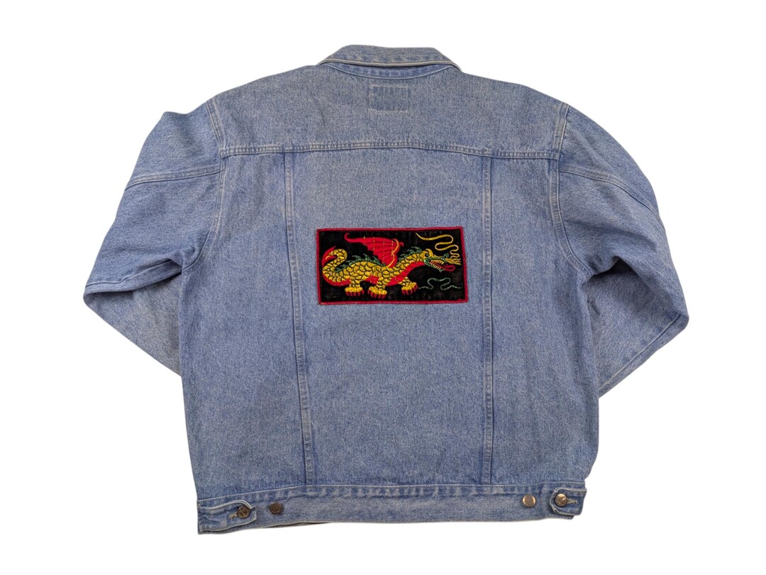90s Vintage DRAGON Denim Jacket Embroidered Dragon Facing Right Back ...