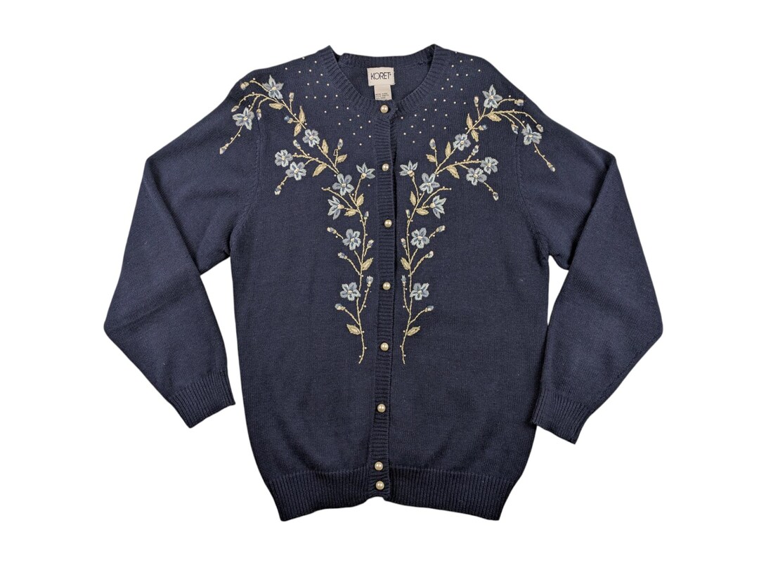 KORET Sweater Embroidered Flowers Cardigan Knit Sweater Floral Beaded ...