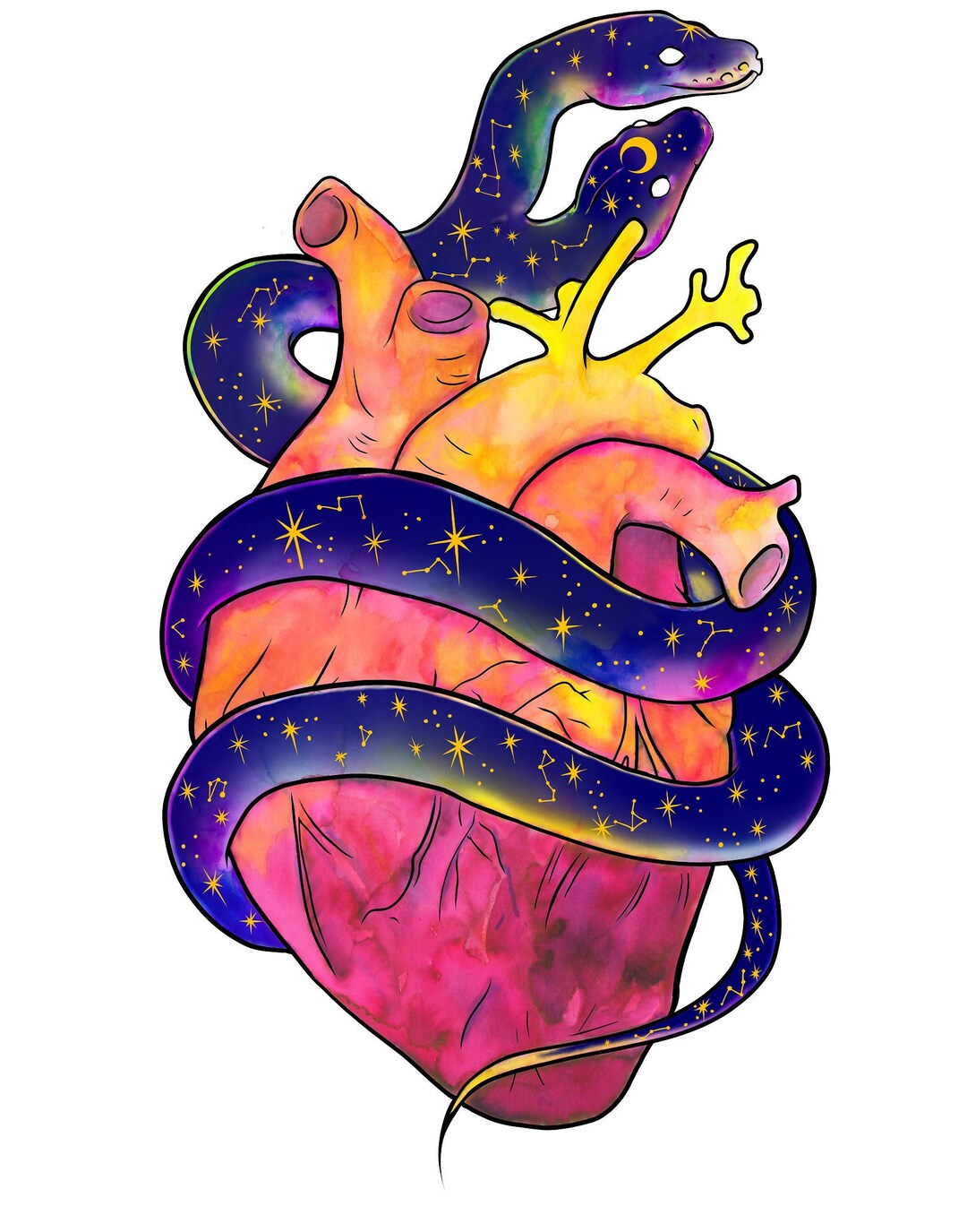 Asclepius's Heart (twin Headed Snake, Anatomical Heart, Stars ...