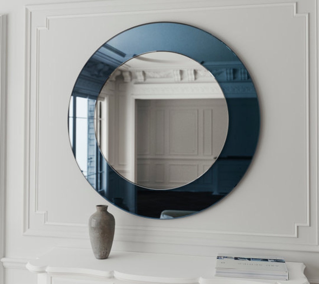 Round Blue Glass Mirror - Art Deco Style Round Blue Wall Mirror, a ...