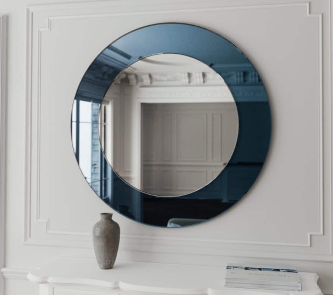 Round Blue Glass Mirror Art Deco Style Round Blue Wall - Etsy