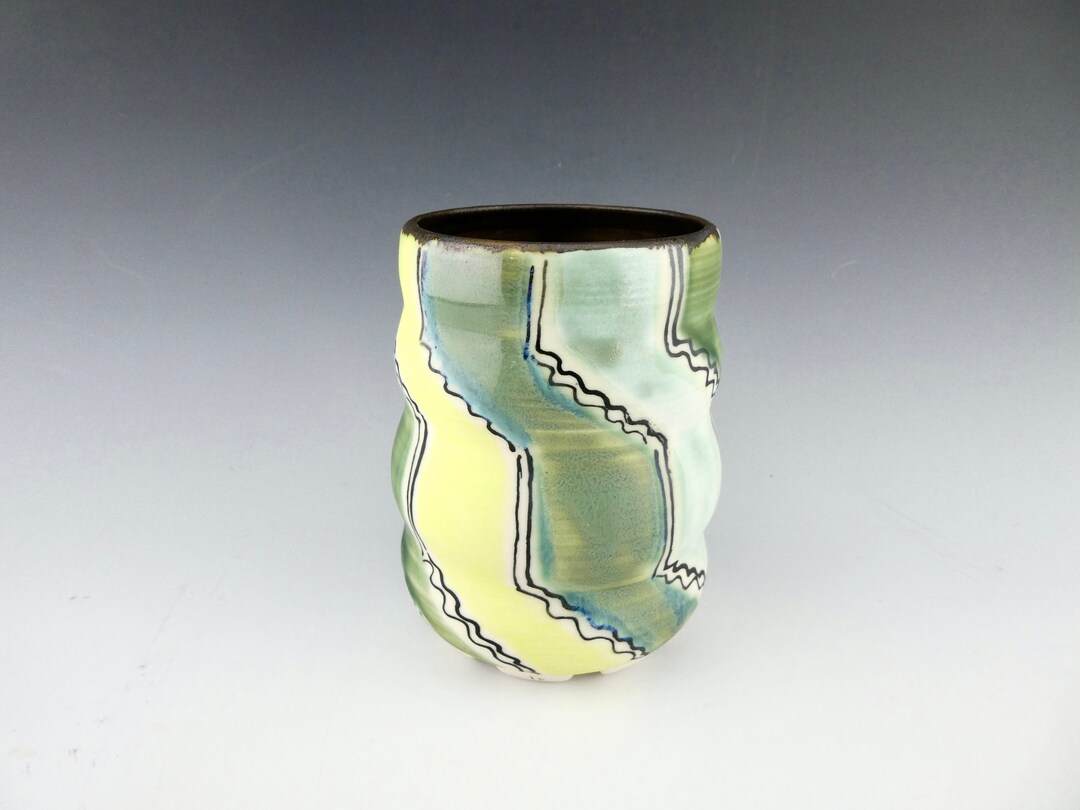 Green Striped Handleless Porcelain Mug / Hand Glazed Painted Ceramic ...