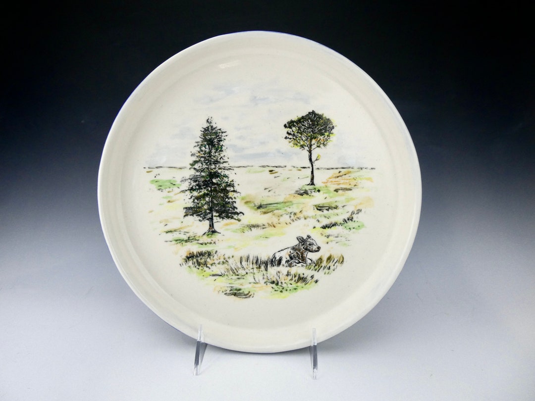 Landscape Cow & Trees Plate- Porcelain/ Hand Glaze Painted Ceramic ...