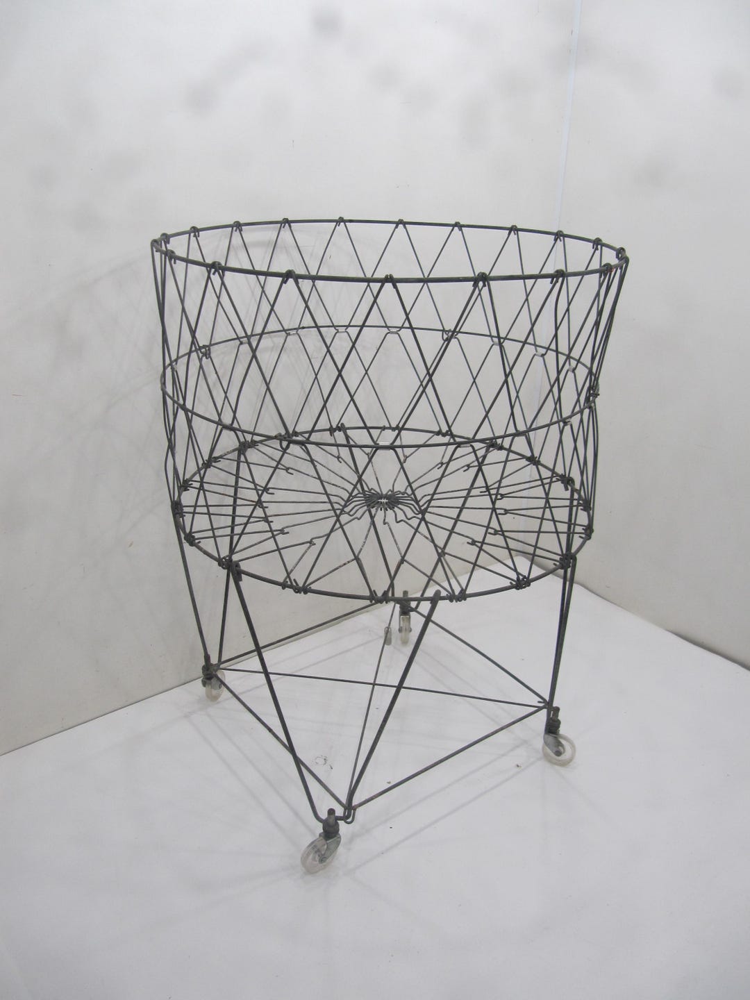 Vintage Wire Rolling Laundry Cart,industrial, Wire Folding Basket ...