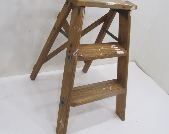 Vintage Step Ladder, Wood Three Step Ladder, Small Step Stool, Wooden ...