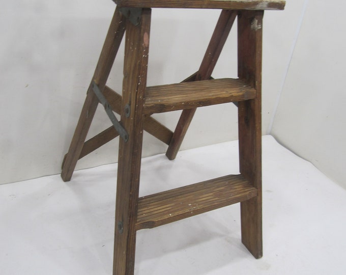 Vintage Step Ladder, Wood Three Step Ladder, Small Step Stool, Wooden ...