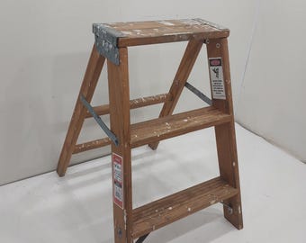 Vintage Step Ladder, Wood Three Step Ladder, Small Step Stool, Wooden ...