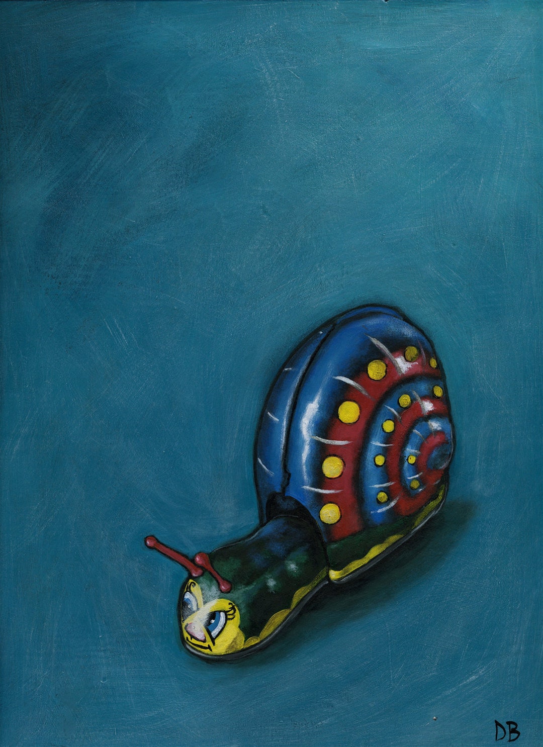 Retro Red Green Tin Toy Snail - Colourful Acrylic Painting Mid Century ...