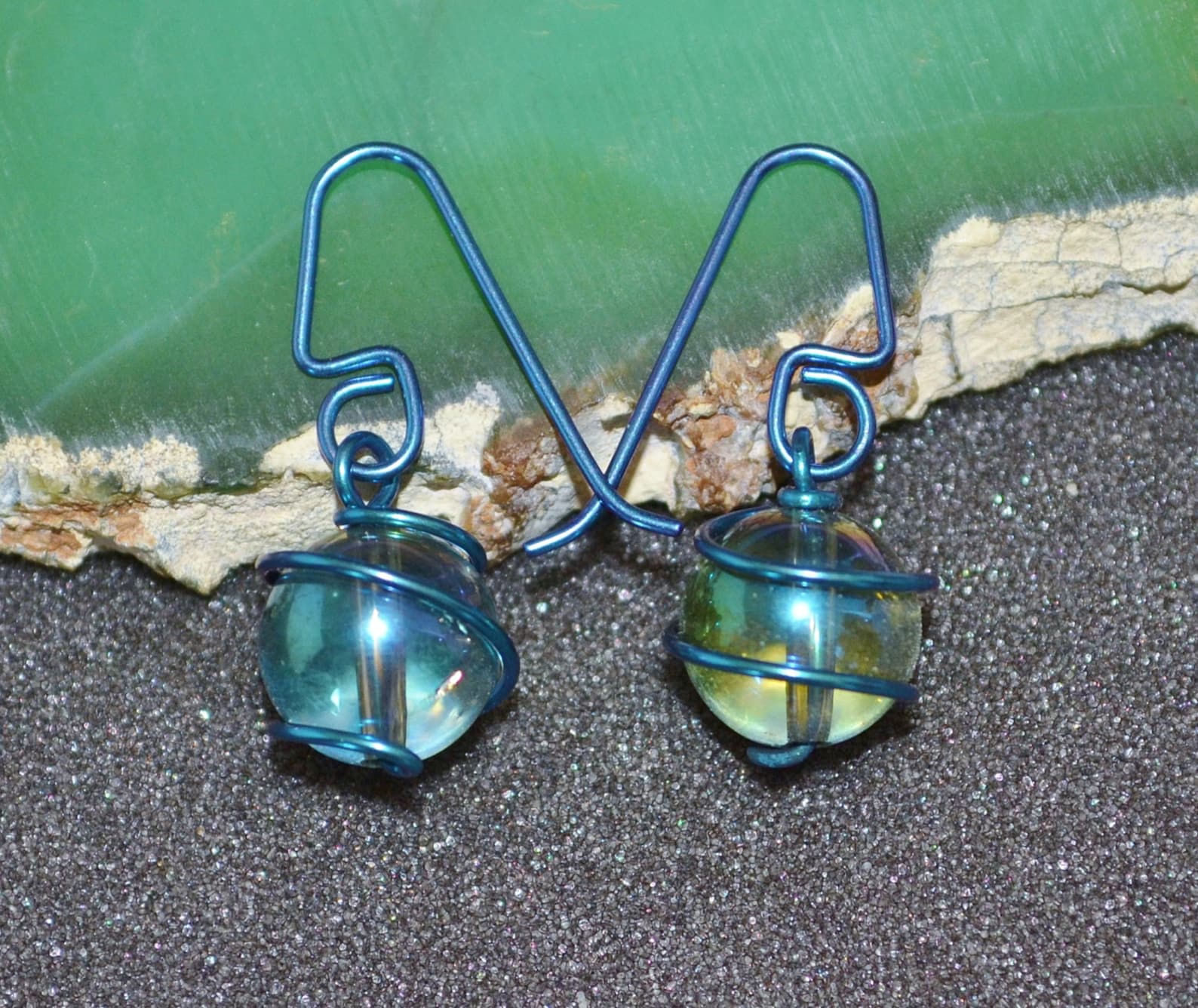 Blue Niobium and Aqua Aura Quartz Wrapped Bead Earrings. Anodized Wire ...