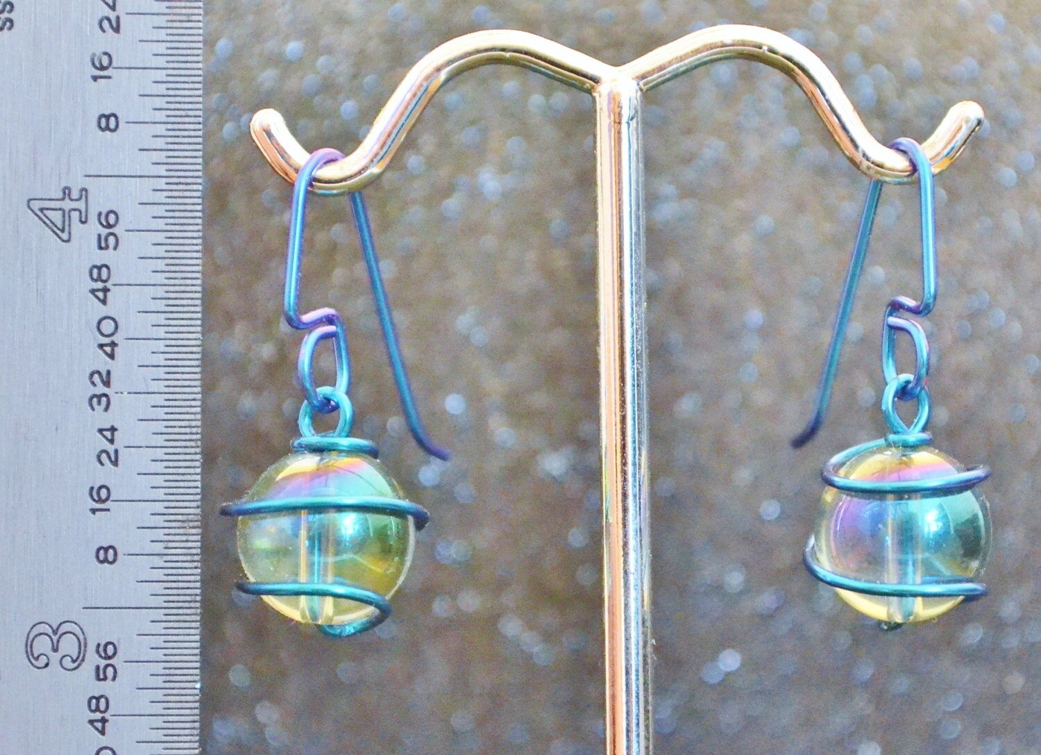 Blue Niobium and Aqua Aura Quartz Wrapped Bead Earrings. Anodized Wire ...