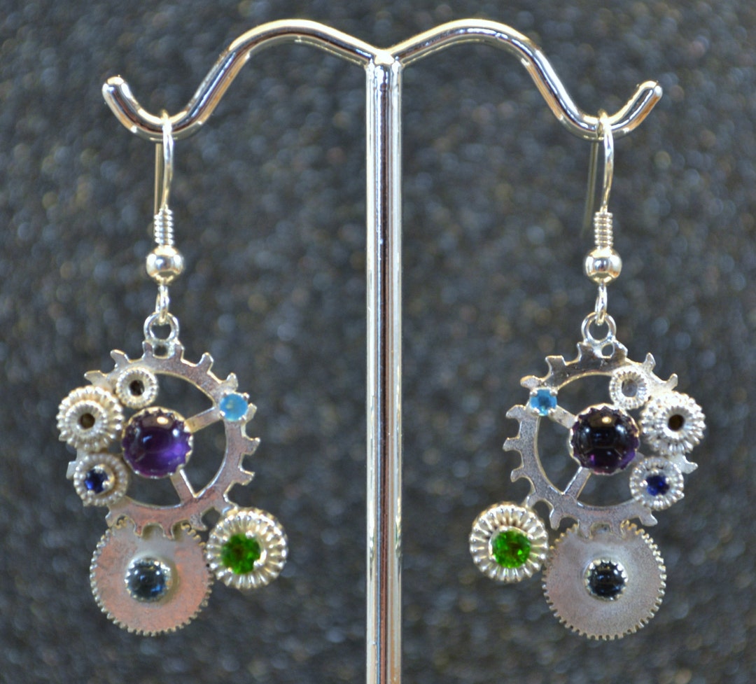 Multi-gemstone Gear Cluster Dangle Earrings - Steampunk Inspired Silver ...