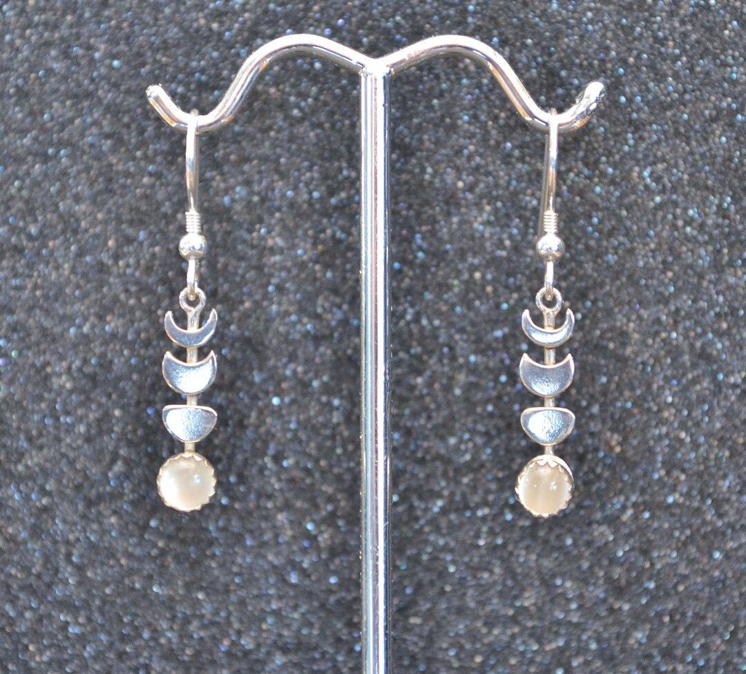 Moonstone and Sterling Silver Linear Moon Phase Earrings Genuine Stones ...