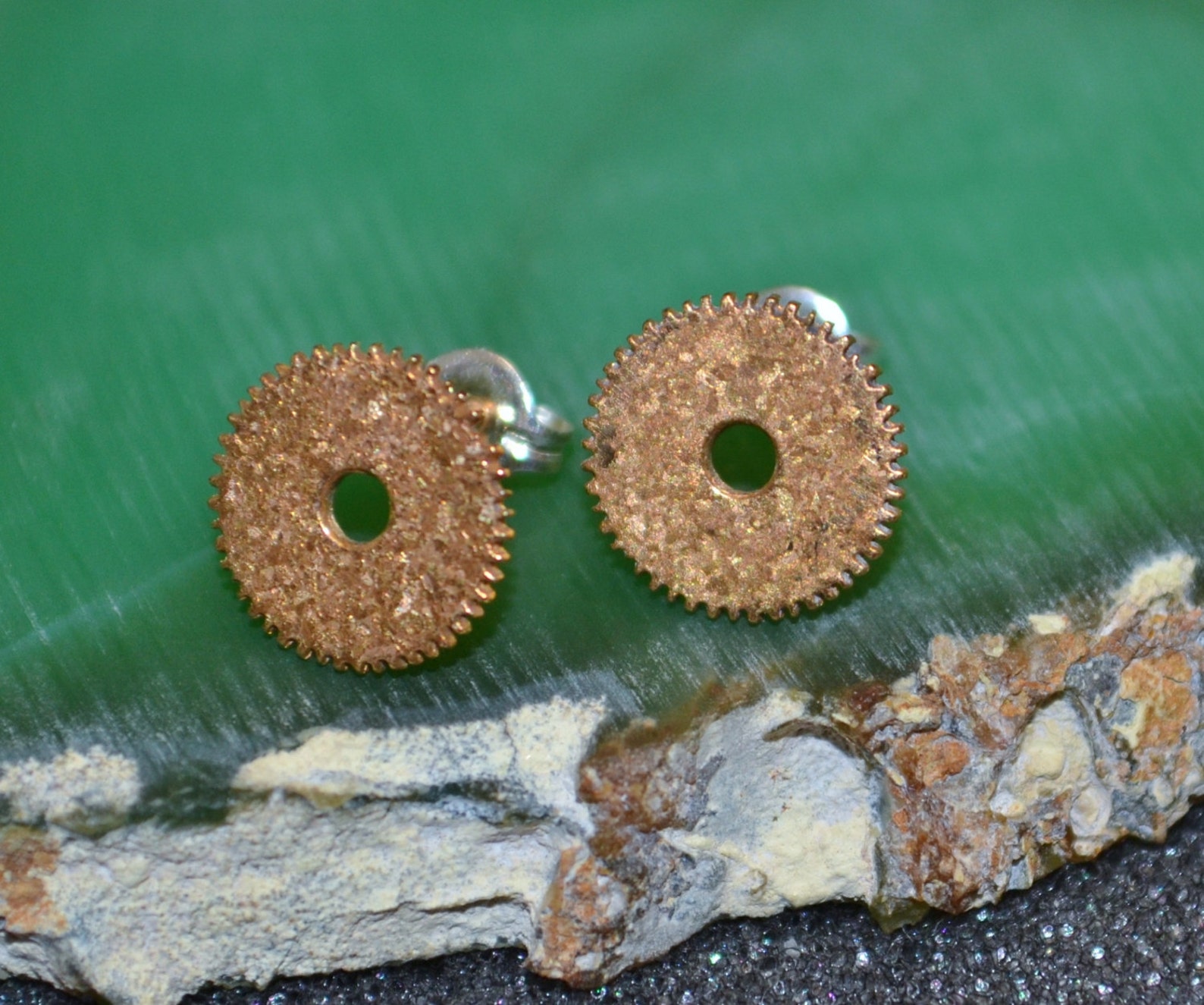 Cast Small Gear Stud Earrings - Bronze Tiny Saw Tooth Gears With Holes ...