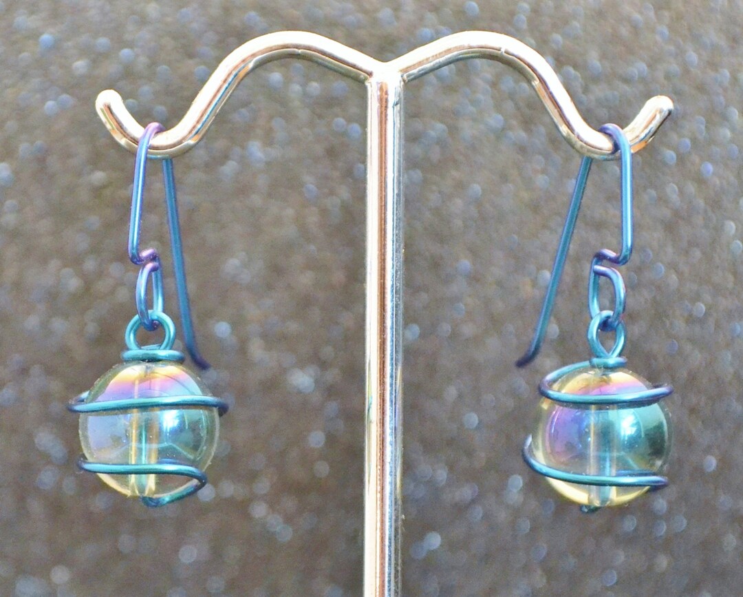 Blue Niobium and Aqua Aura Quartz Wrapped Bead Earrings. Anodized Wire ...