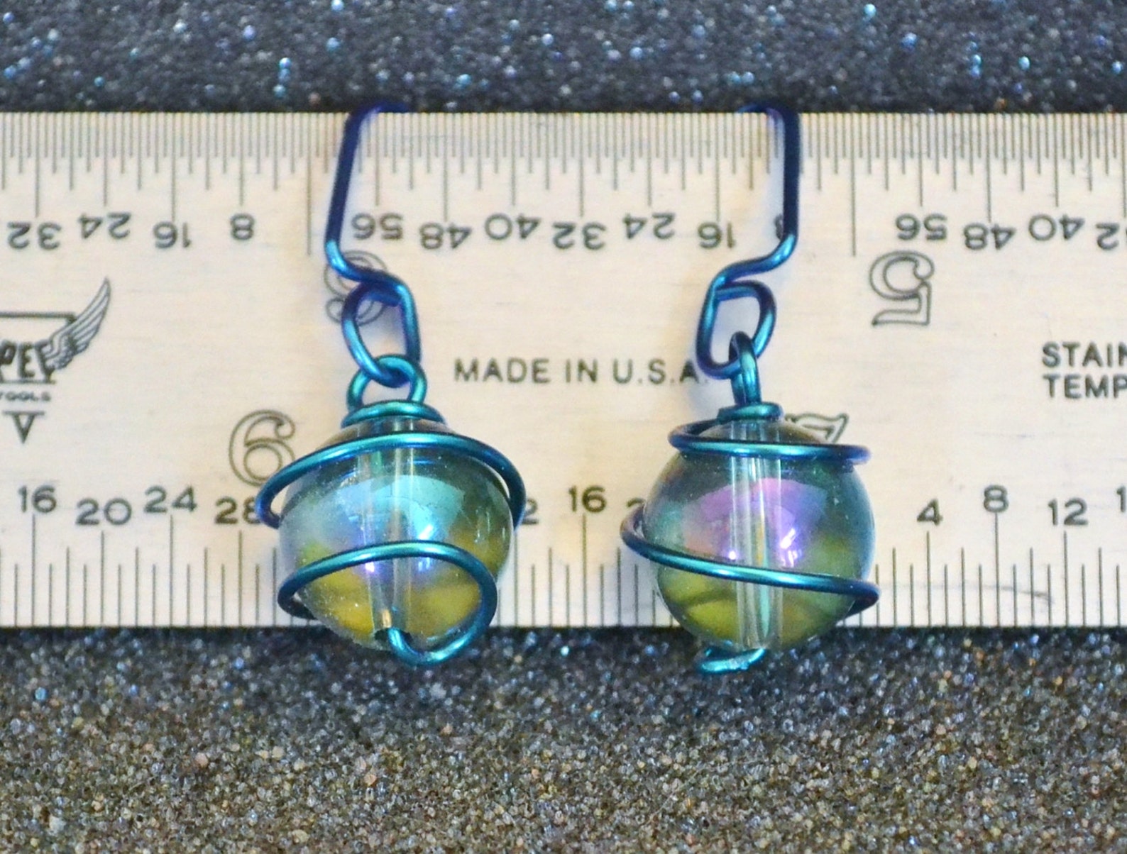 Blue Niobium and Aqua Aura Quartz Wrapped Bead Earrings. Anodized Wire ...