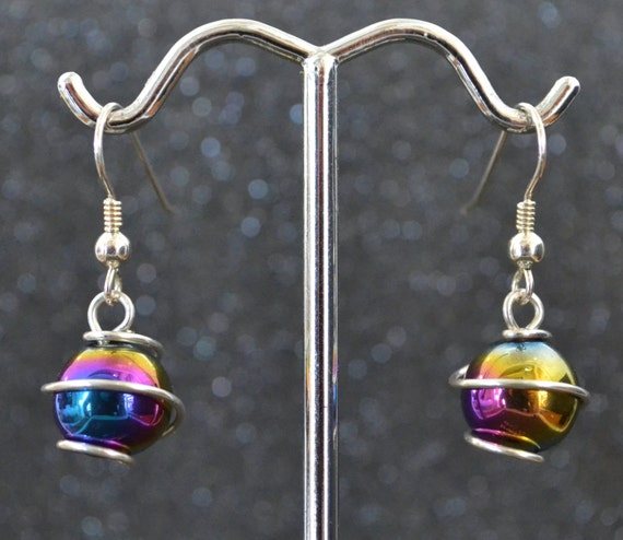 Rainbow Titanium Hematite Wrapped Bead Earrings Silver Oxide Plasma Coated Gemstones Non plated Wire Nickel Free and Hypoallergenic. Etsy