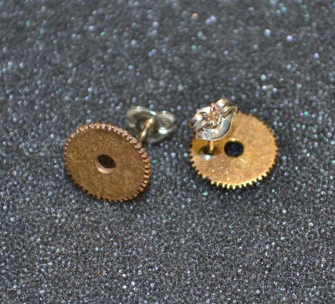 Cast Small Gear Stud Earrings - Bronze Tiny Saw Tooth Gears With Holes ...