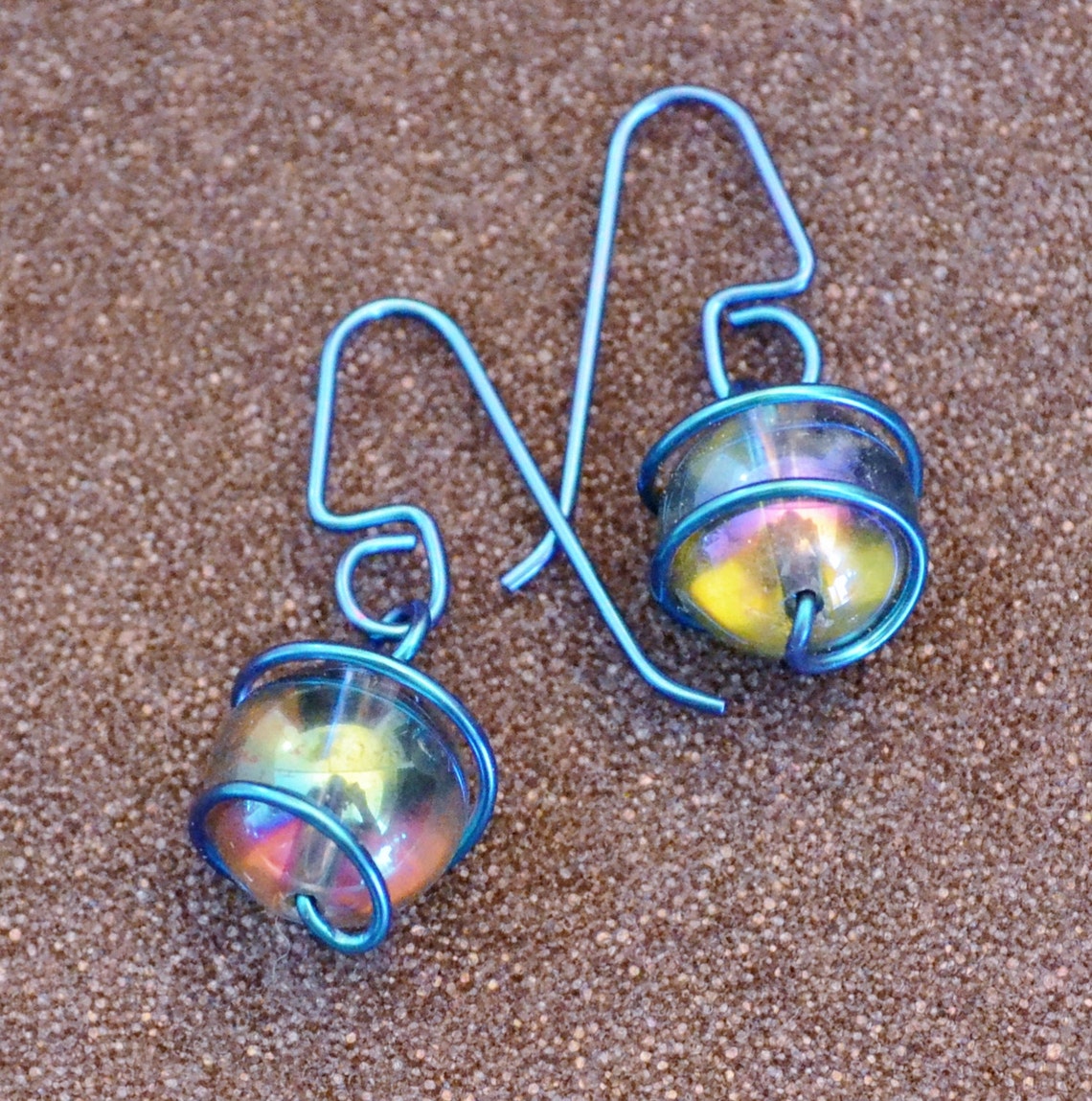 Blue Niobium and Aqua Aura Quartz Wrapped Bead Earrings. Anodized Wire ...
