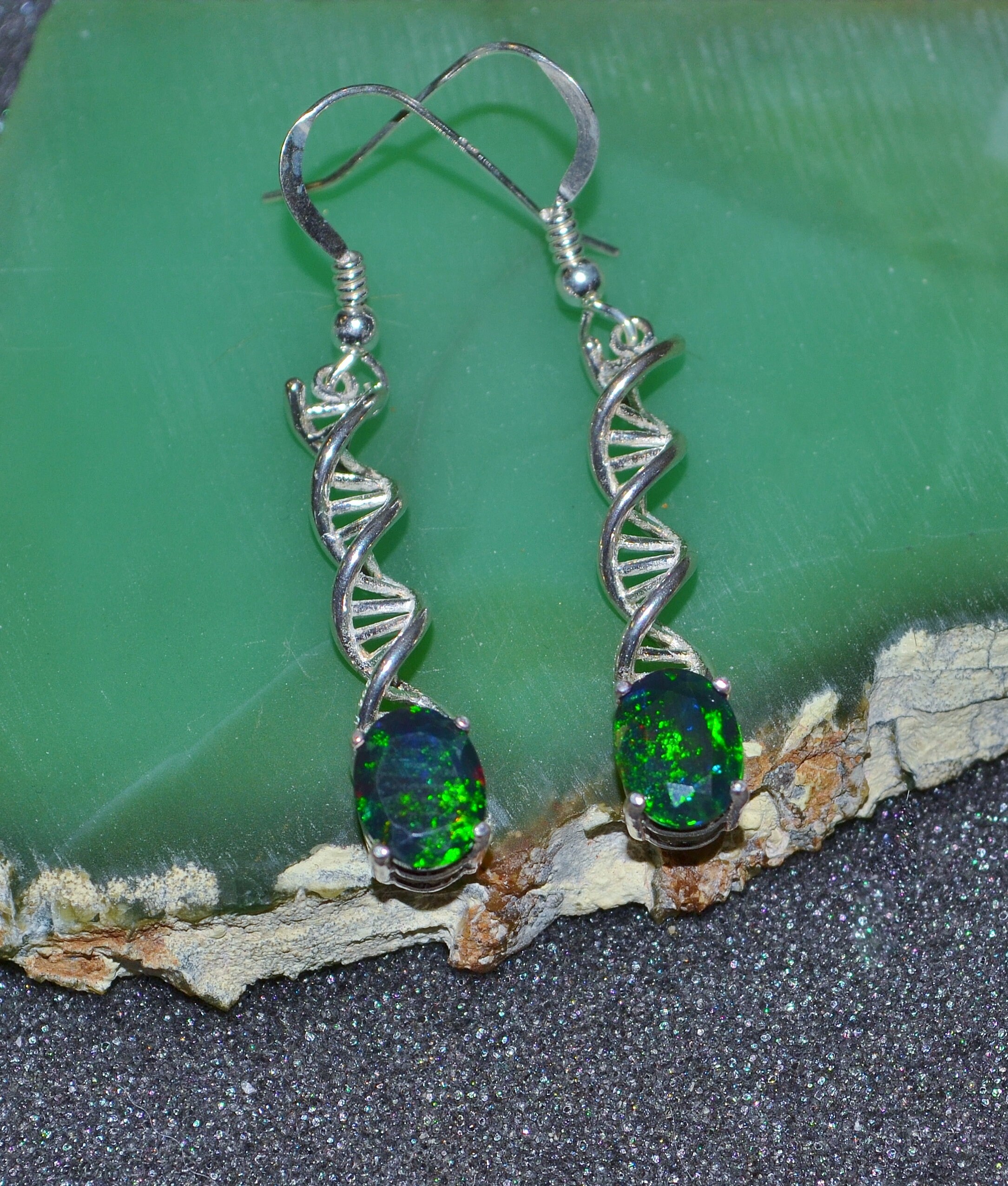 Double Helix DNA Dangle Earrings with Black Welo Opal. | Etsy