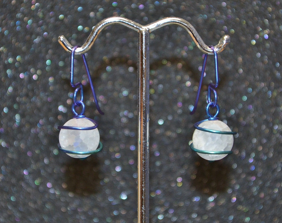 Blue-green Niobium and Crackle Quartz Wrapped Bead Earrings - Anodized ...