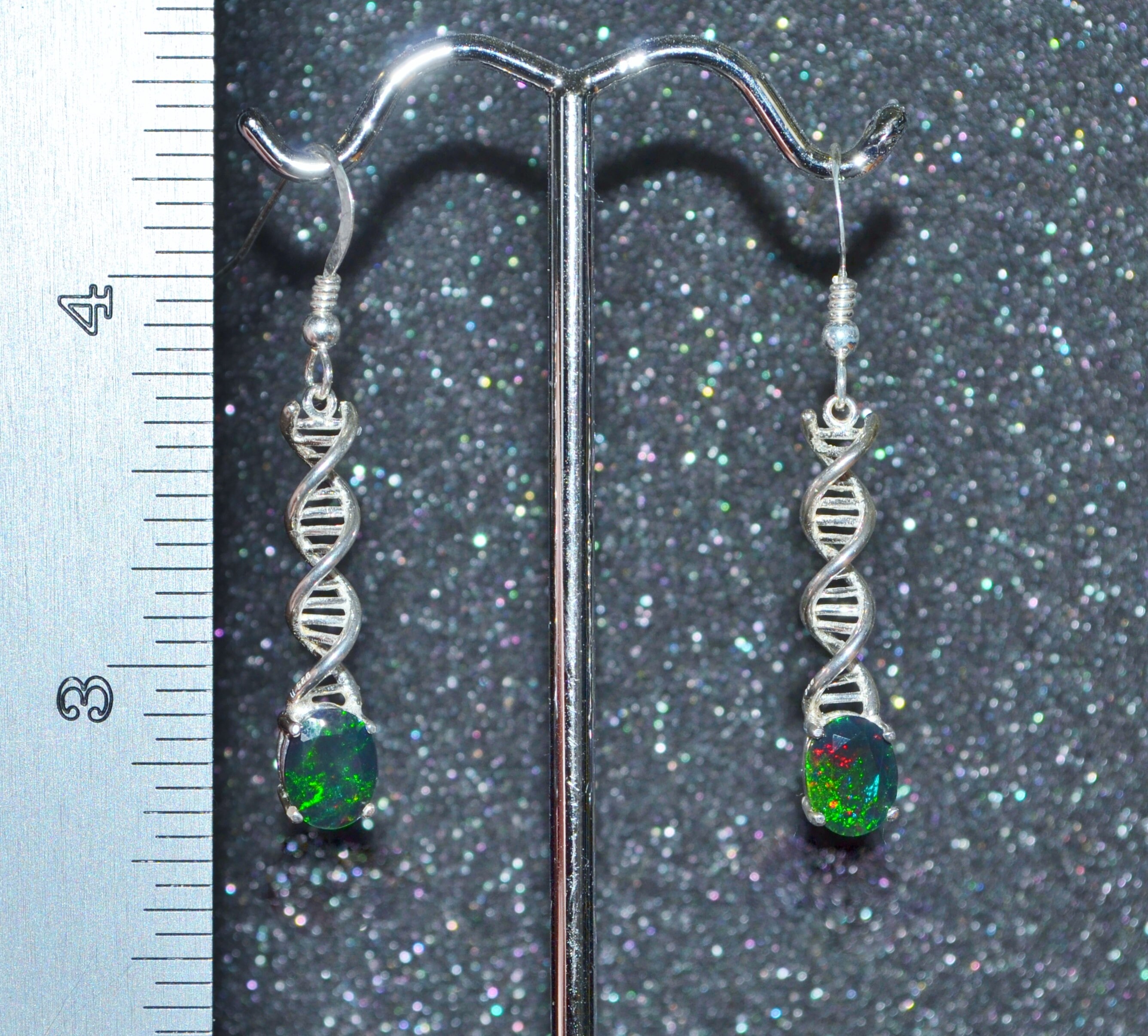 Double Helix DNA Dangle Earrings with Black Welo Opal. | Etsy