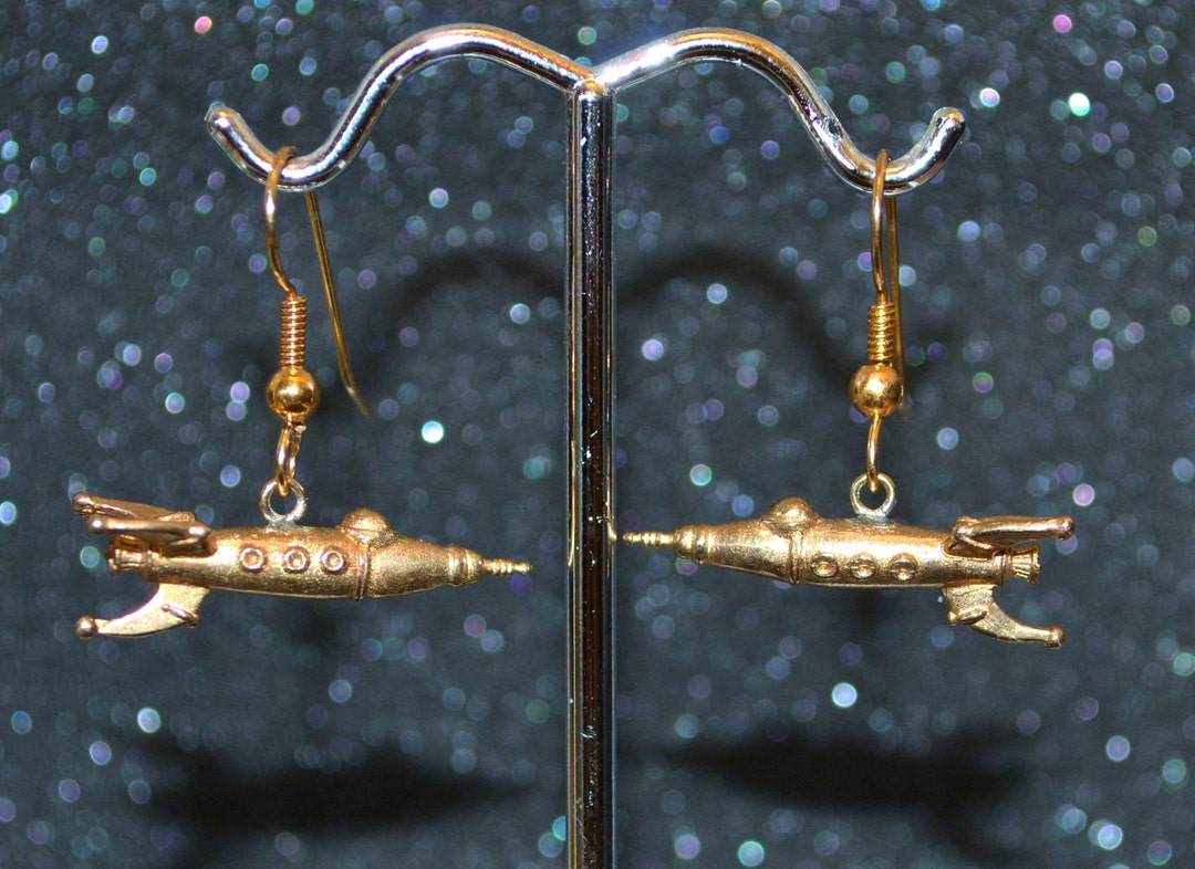 Cast "in Flight" Retro Rocket Dangle Earrings - Bronze 3D Outer Space ...