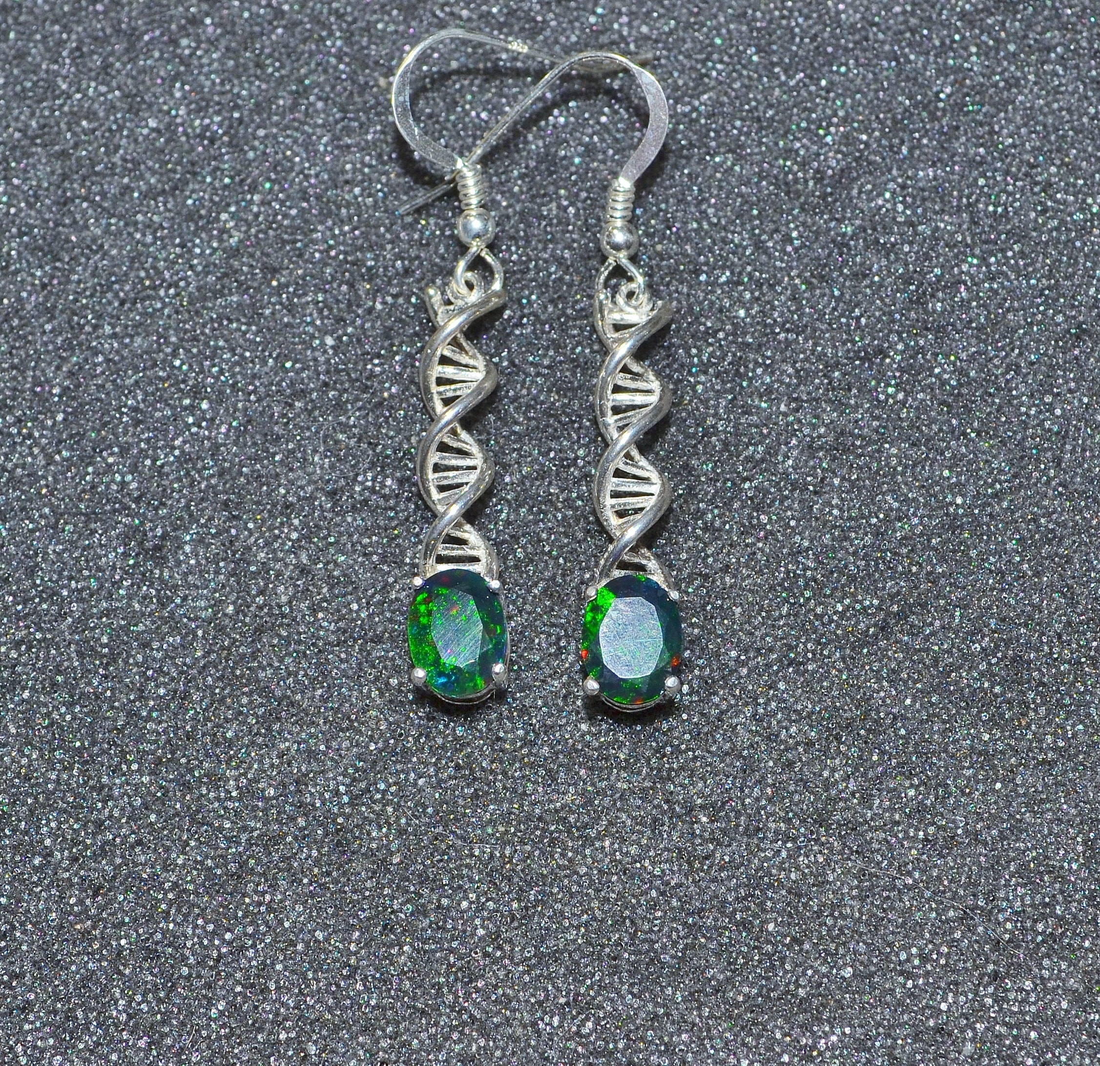 Double Helix DNA Dangle Earrings with Black Welo Opal. | Etsy