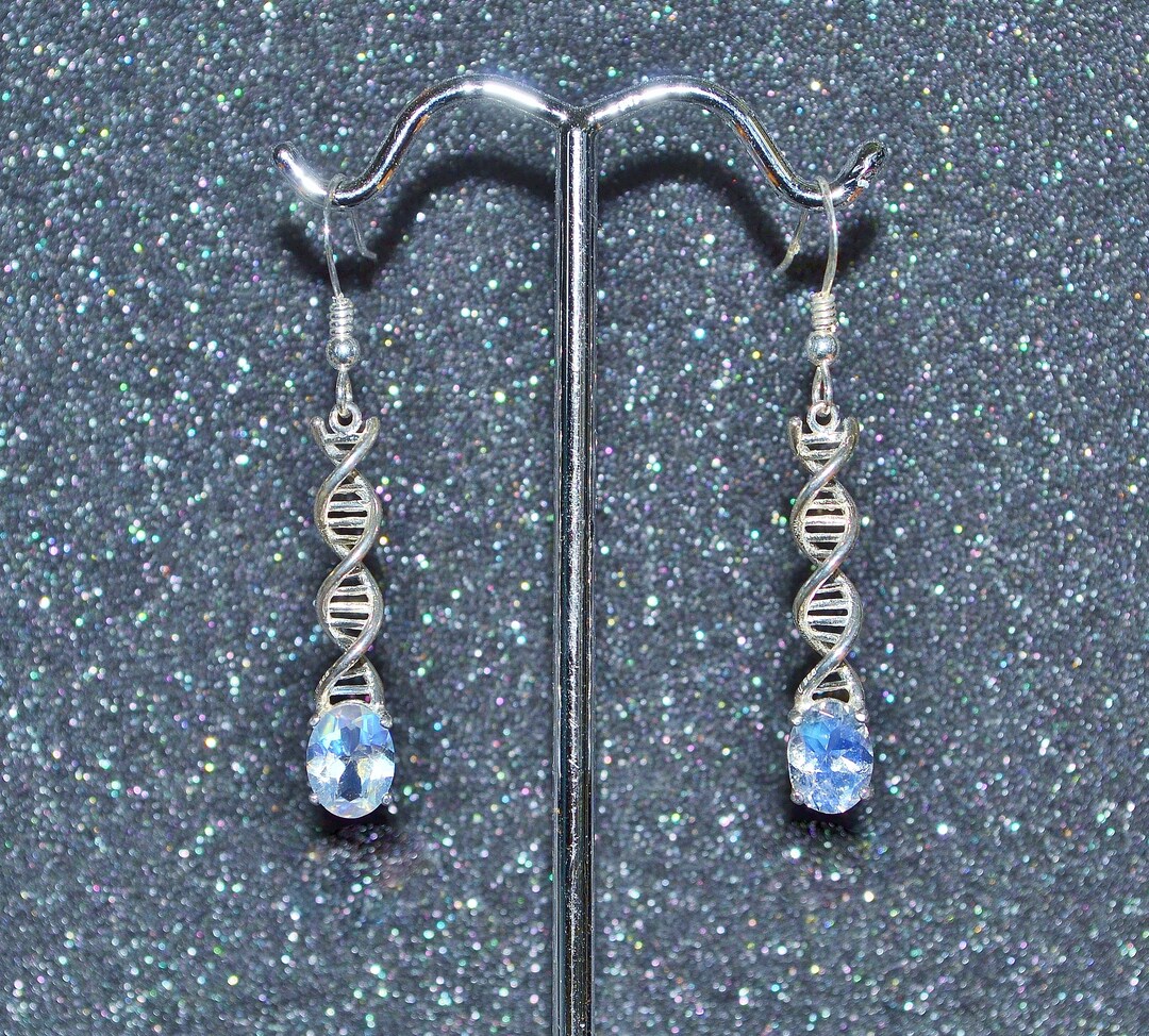 Double Helix DNA Dangle Earrings With Rainbow Moonstone. Sterling ...