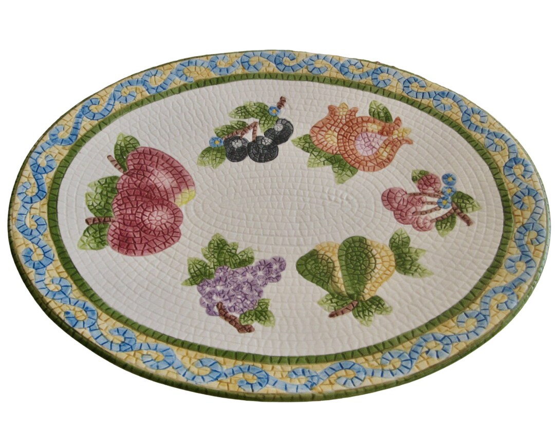 VTG 90s Mosaic Fruit Oval Serving Platter 18" Jay Import Co • Cherries ...