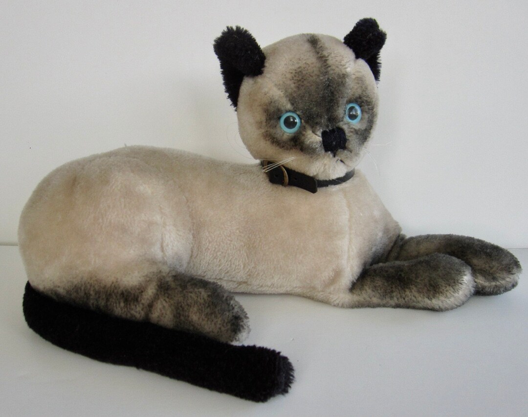 Vintage 70s Dakin Siamese Kitty Cat Plush Realistic Tan Black W Blue ...