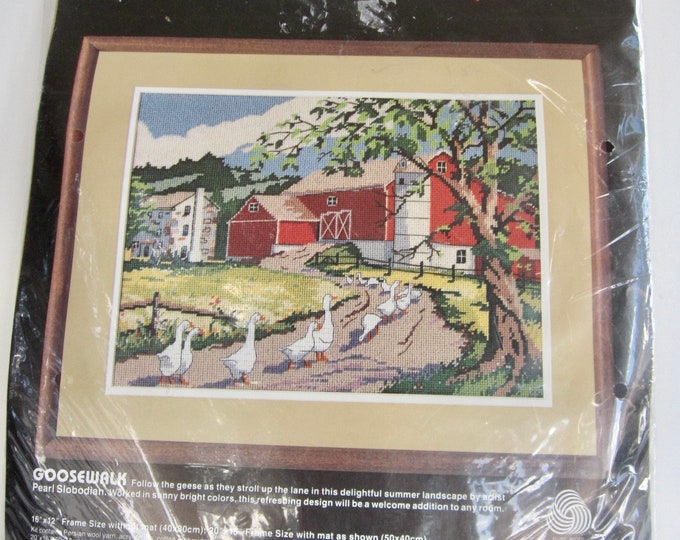 Vintage 1985 Dimensions Goosewalk Needlepoint Kit Geese Red Barn Farm ...