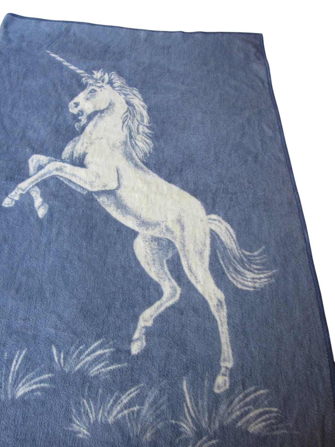 Vintage 80s Unicorn Plush Blanket Blue & White Vuteks for Crown Crafts ...