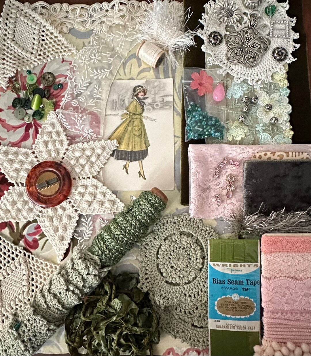 Vintage Deluxe Inspiration Kit With Antique Postcard, Vintage Crochet ...