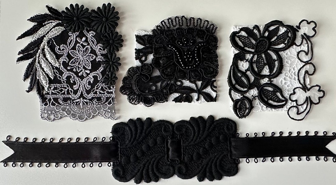 Black and White Lace Collage Clusters With Fabric Ribbon Slide, Hand ...