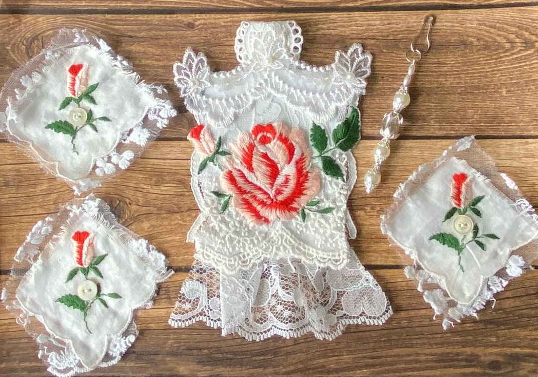 Vintage Embroidered Roses Hand Sewn on a Lace Tag and Fabric Clusters ...
