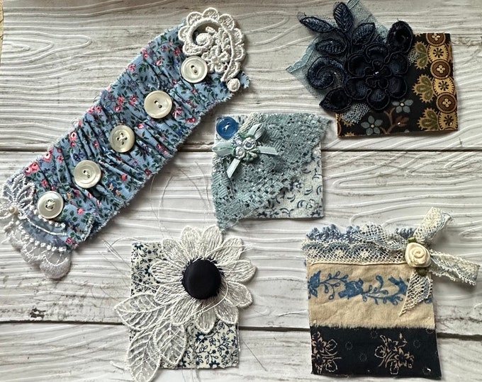 Cottage Chic Blue Fabric Clusters With Ruffled Fabric Tuck and Vintage ...