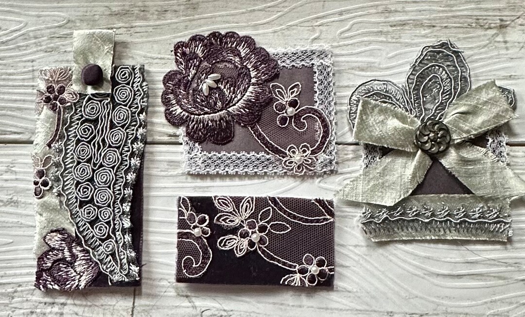 Purple Lace Collage Tag and Fabric Clusters, Hand Sewn Appliqué ...